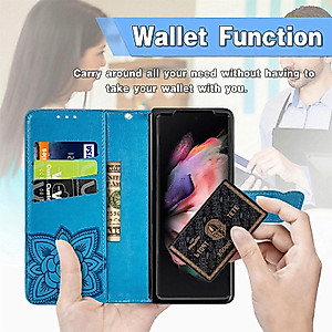 COTDINFOR Case for Samsung Galaxy Z Fold 5 Case Glitter Bling with Card Holder and Stand Leather Flip Wallet Diamond Butterfly Protective Case for Samsung Galaxy Z Fold 5 Crystal Blue