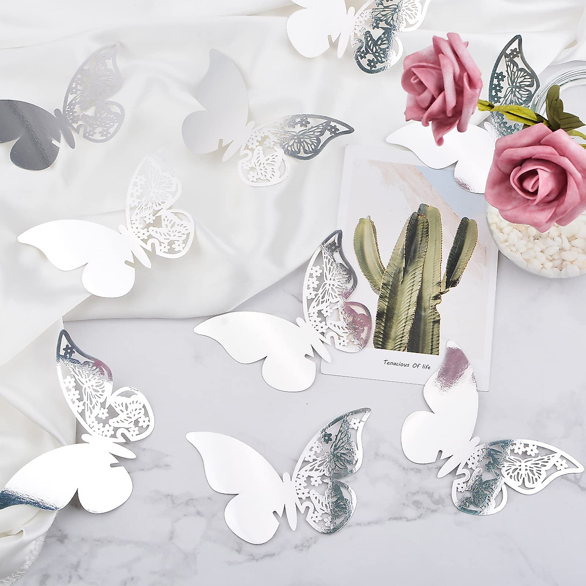 URROMA Reflective Butterfly Table Number Place Card, 50 Pcs Silver Wine Glass Cup Decor Postcards Wedding Centerpieces Wall Decals Sticker for Parties