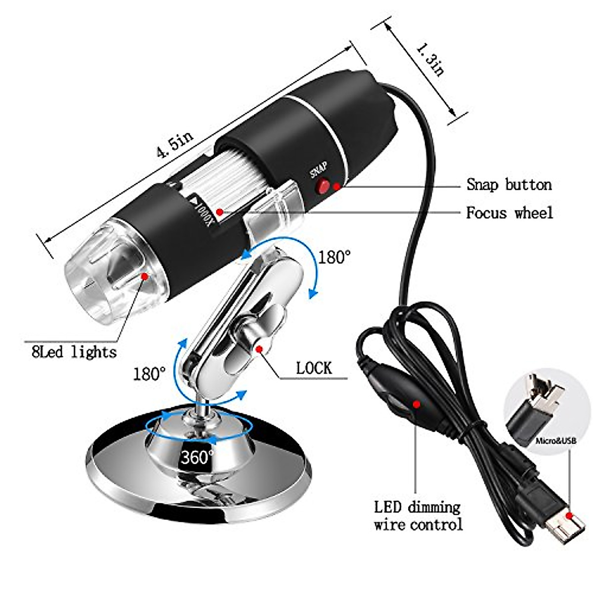 Jiusion Original 40-1000X USB Microscope with Portable Carrying Case, Digital Magnification Endoscope Camera 8 LEDs Metal Base for Micro USB USB-C Android, Windows Mac Linux Chrome