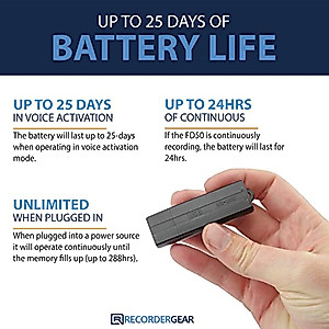 RecorderGear FD50 Mini USB Flash Drive Voice Recorder 8GB Voice Activated Recorder, 25-Day Battery, Time/Date Stamp, Records While Plugged in, Dual Recording Mode Switch Digital Audio Recording Device
