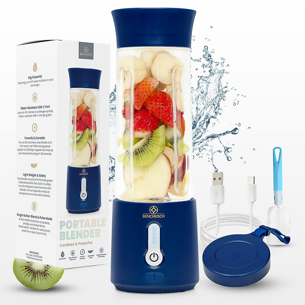 Portable Blender - 18 Oz USB Rechargeable Personal Size Blender for Shakes and Smoothies - 150W Power With 6 Blades And Pulse Mode - With Cup Lid for Traveling, Outdoor, Gym, Office (Royal Blue)