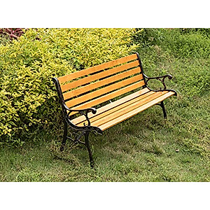 Gardenised Wooden Outdoor Park Patio Garden Yard Bench with Designed Steel Armrest and Legs, Black