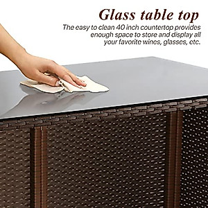 3-Piece Patio Bar Set Outdoor Wicker Bar Set All-Weather Rattan Bar Table Set Outdoor Furniture Set w/2 Stools, Glass Top Table and 2 Thick Cushion for Patios Backyards Porches Gardens Poolside, Blue