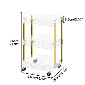 Dttwacoyh 3-Tier Rolling Cart，Makeup Cart with Wheels，Snack Cart，PET and Metal Rolling Cart for Living Room，Kitchen，Office，Bathroom，Golden