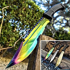 Tactical Knife Hunting Knife Survival Knife 17 Inch Fixed Blade Knife Razor Sharp Edge Camping Accessories Camping Gear Survival Kit Survival Gear Tactical Gear 77640 (Rainbow)