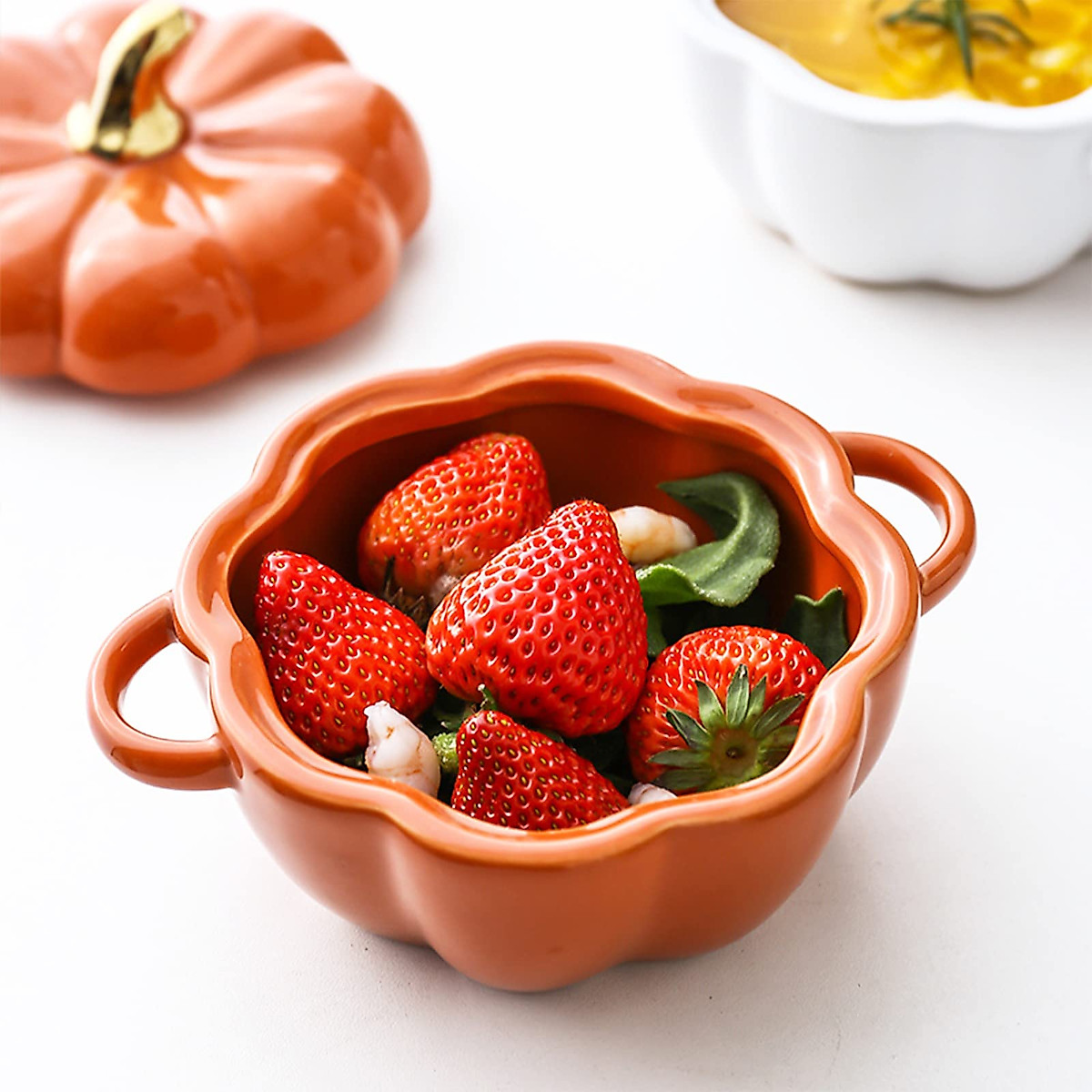 Dutch Oven Pot with Lid, Pumpkin Pottery Dessert Saucepan, Mini Baking Dish Cute Pumpkin Bowl, Covered Dutch Oven Ceramic Stockpot, Pumpkin-Shaped Casserole (Orange)