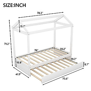 Lostcat Twin Size House Bed with Trundle, Solid Pine Wood Bed Frame and Roof Design, Can be Decorated, for Kids, Girls and Boys, No Box Spring Need, Easy to Assemble, White