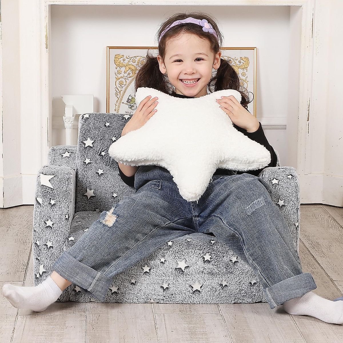 MOMCAYWEX Star Glow in The Dark Toddler Couch, 2-in-1 Toddler Soft Couch Fold Out with Star Pillow, Convertible Sofa to Lounger for Girls and Boys, 1-Seat