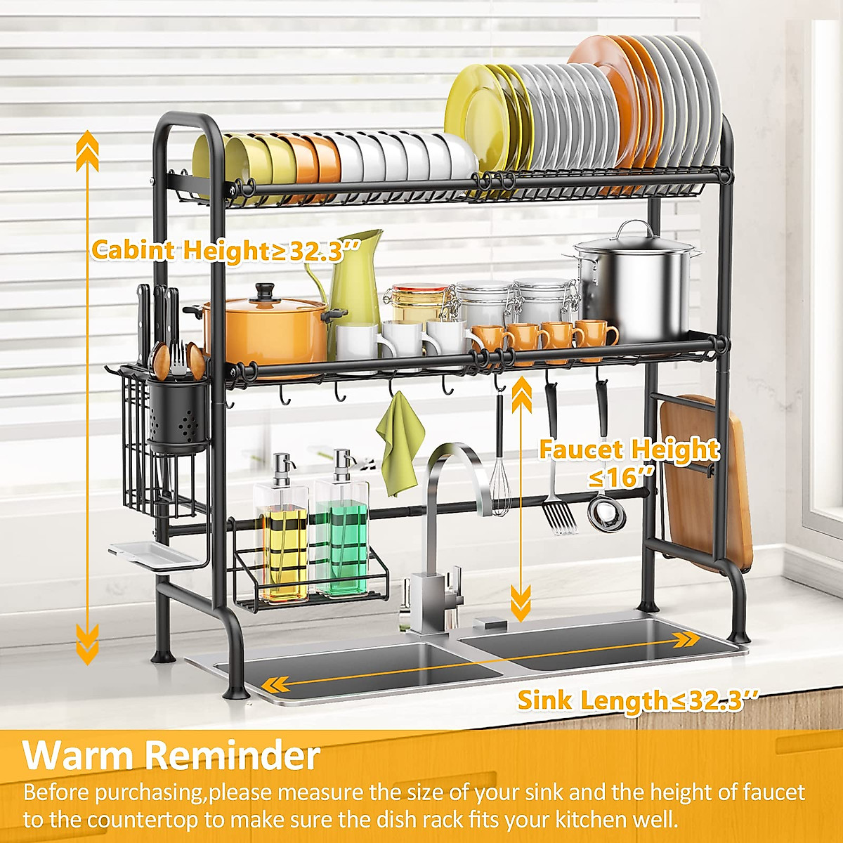 KETAZERO Over The Sink Dish Drying Rack, Stainless Steel 2 Tier Over The Sink Dish Drying Rack with Utensil Holder Dish Drainers for Kitchen Counter,Save More Counter Space, Black