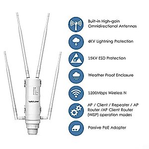 WAVLINK AC1200 High Power Outdoor Weatherproof WiFi Range Extender, Long Range Wireless AP/Router/Repeater/WISP Mode with POE Powered, Point to Point WiFi Bridge, 4x7dBi Omni Directional Antennas