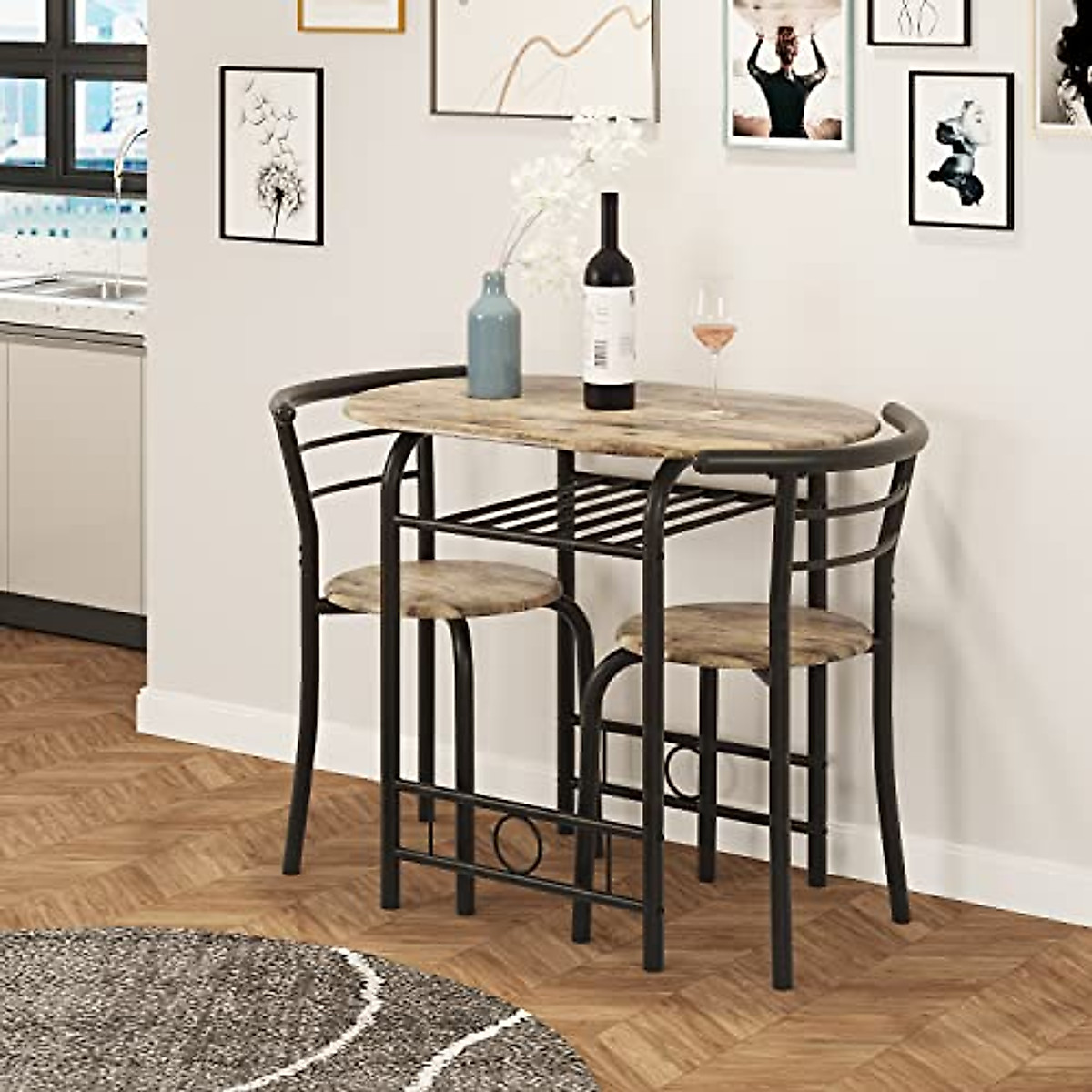 JUMMICO 3 Pieces Dining Set for 2 Small Kitchen Breakfast Table Set Space Saving Wooden Chairs and Table Set for Apartment Dining Room with Metal Frame and Wine Rack,Walnut
