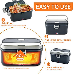 Auingote Electric Lunch Box for Adults 90W Heated Lunch Box - 12/24/110V Portable Food Warmer with 2L Stainless Steel Container - Food Heater Lunch Warmer for Car, Truck, Office - Grey