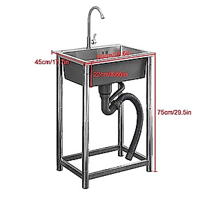 Commercial Sink Free Standing Stainless-Steel Single Bowl with Drain Kit Commercial Restaurant Kitchen Sink Set Stainless Steel Utility Sinks with Faucet (60cm/23.6in,Package A)