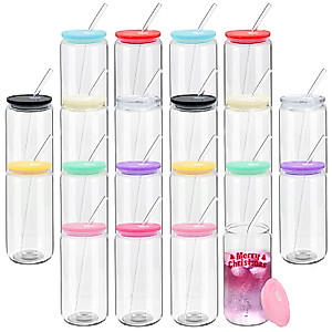 20 Pack Drinking Glass Cups with Acrylic Lids and Glass Straws 16oz Clear Glass Tumblers Can Shaped Iced Coffee Cups Drinking Glasses, Cute Glass Cups for Tea Beer Soda Smoothie Whiskey Gift