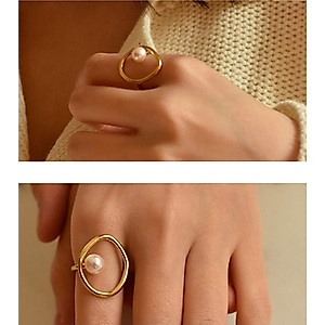 KOICCVQQ Opening 18K Gold Plated Stackable Bands Ring for Women, Eternity Ring with Shell Pearl, Cubic Zirconia engagement rings vintage gold ring pearl wedding jewelry