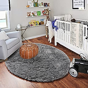 ONASAR Soft Round Area Rug for Bedroom,4 ft Gray Circle Rug for Nursery Room, Fluffy Carpet for Kids Room, Shaggy Floor Mat for Living Room, Furry Area Rug for Baby, Teen Room Decor for Girls Boys