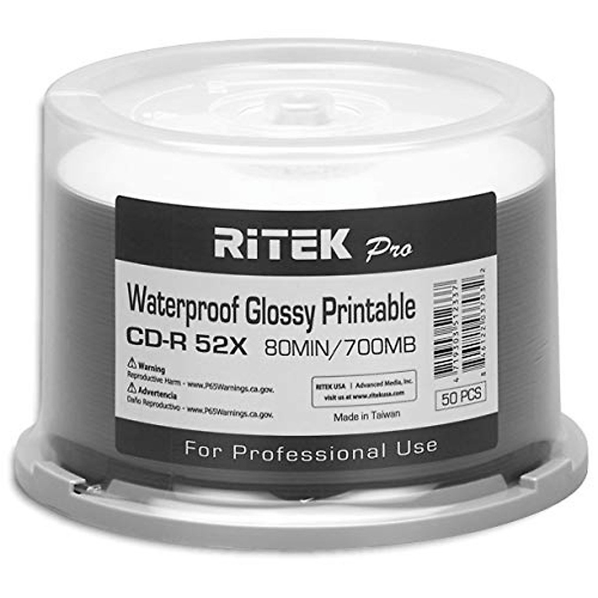 100-Pak Ritek Pro CD-R 52X 700MB 80Min Professional Grade Watershield Water Resistant Glossy White Inkjet Hub Printable Blank Recordable Disc in Cakebox (2 x 50-Pak)