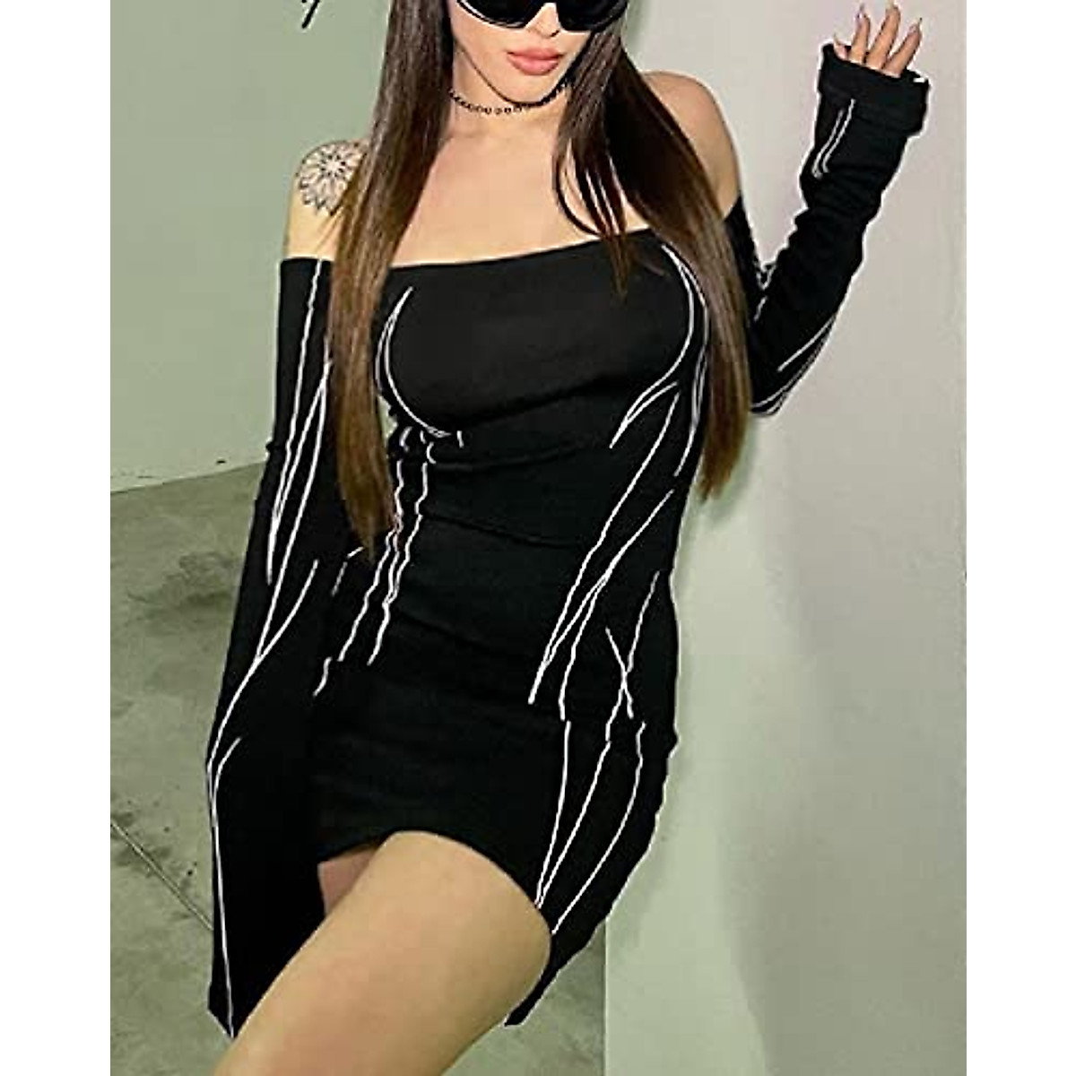 Faretumiya Women Off Shoulder Mini Sweater Dress Knit Bodycon Long Sleeve Off Shoulder Short Dress Y2k Ribbed Pullover Tunic Dress（Sexy Black，Small）