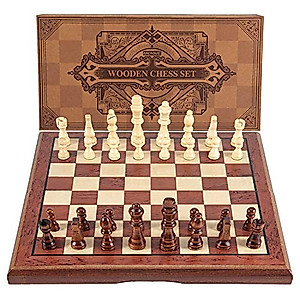 AMEROUS 15'' Magnetic Wooden Chess Set -Folding Board -2 Extra Queens -Chessmen Storage Slots -Gift Package, Travel Chess Board Game Sets for Kids and Adults