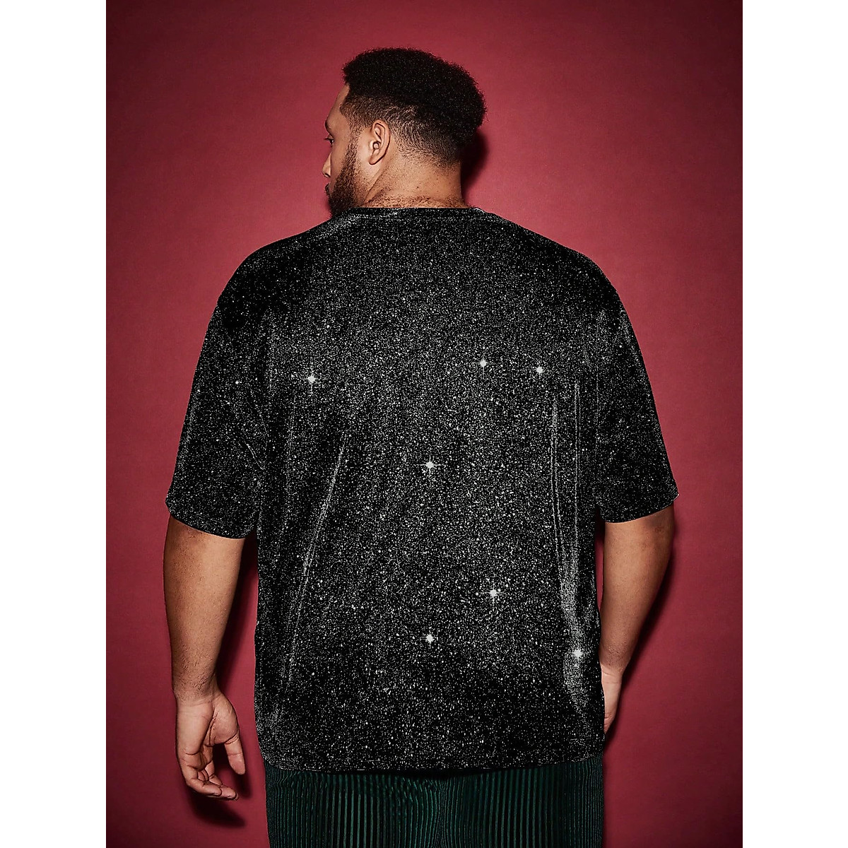 WDIRARA Men's Plus Size Giltter Round Neck T Shirt Short Sleeve Sparkly Party Tee Tops Black Glitter 6XL