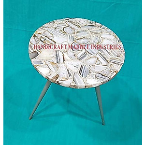 15" Inch Round Natural Grey White Brown Agate Coffee Table with Metal Base, Stone Coffee Table, Agate Table Top, Agate Round Coffee Table