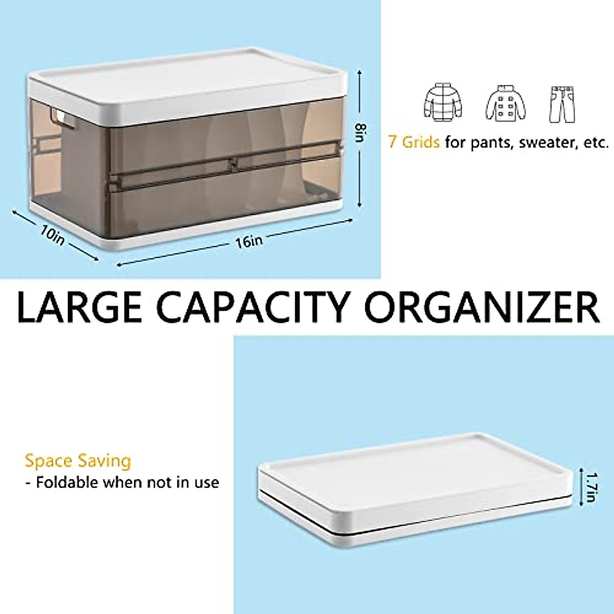 CINPIUK Stackable Storage Bins with Lids, Clear Drawer Organizers for Clothing, Collapsible Storage Bins Closet Drawers for Clothes, Toys, w/ Removable Grids, 3Pcs