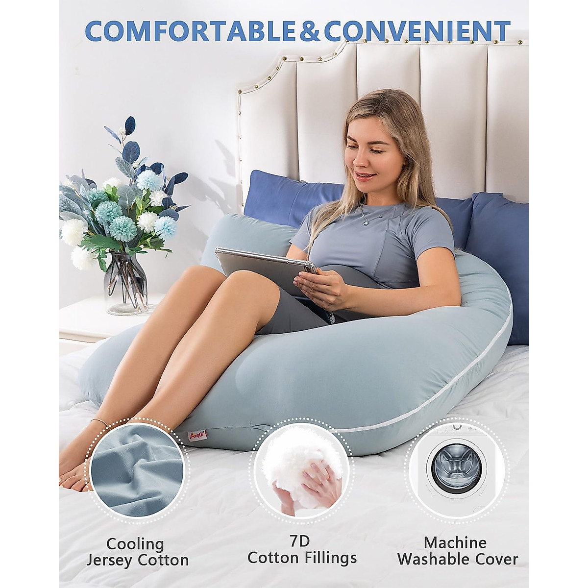 AngQi Body Pregnancy Pillow,L-Shaped Pregnancy Pillow for Side Sleepers,Maternity Body Pillow with Jersey Cotton Cover, Light Green