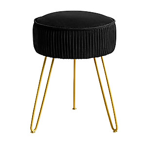LUE BONA Pleated Vanity Stool, Velvet Upholstered Vanity Stool for Makeup Room, Round Mondern Stool for Vanity, Ottoman Footrest Stool with Metal Legs for Living Room, Bedroom, Black