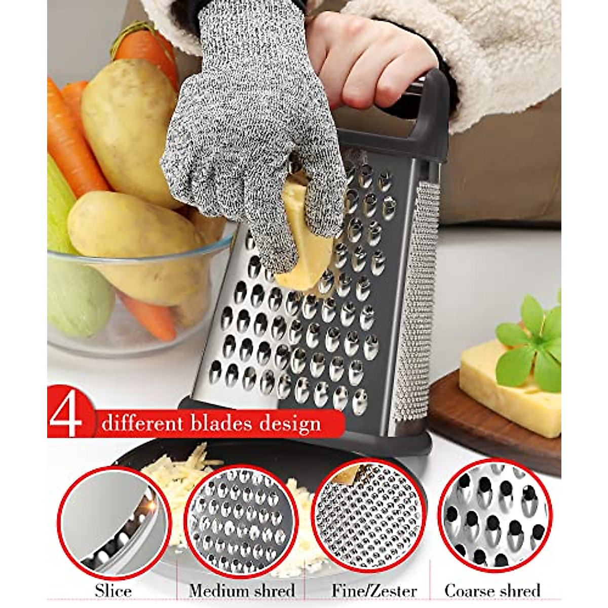 Ourokhome Professional Box Graters with Container, Stainless Steel 4 Sides, Kitchen Slicer Shredder Zester Grater for Parmesan Cheese, Vegetables, Ginger, 10 Inch, a Resistant Glove for Gift (Black)