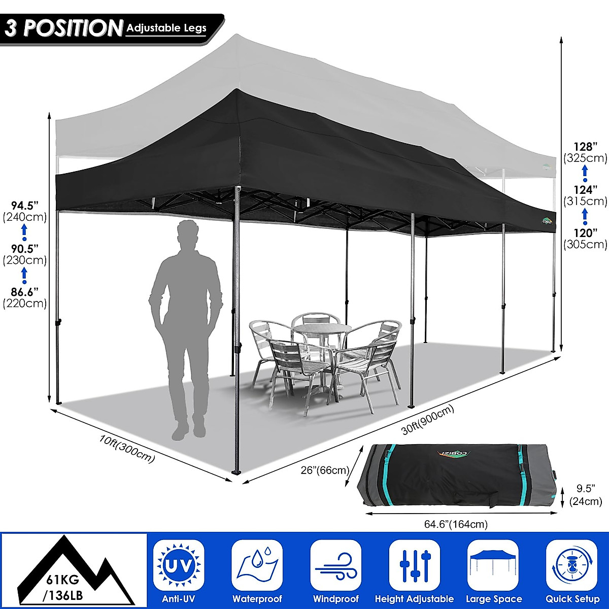COBIZI 10x30 Heavy Duty Pop up Canopy with 8 sidewalls Stable Wedding Outdoor Tents for Parties Canopy Pop Up Party Tent UPF 50+ Waterproof Commercial Gazebo with Roller Bag, Black(Windproof Upgraded)