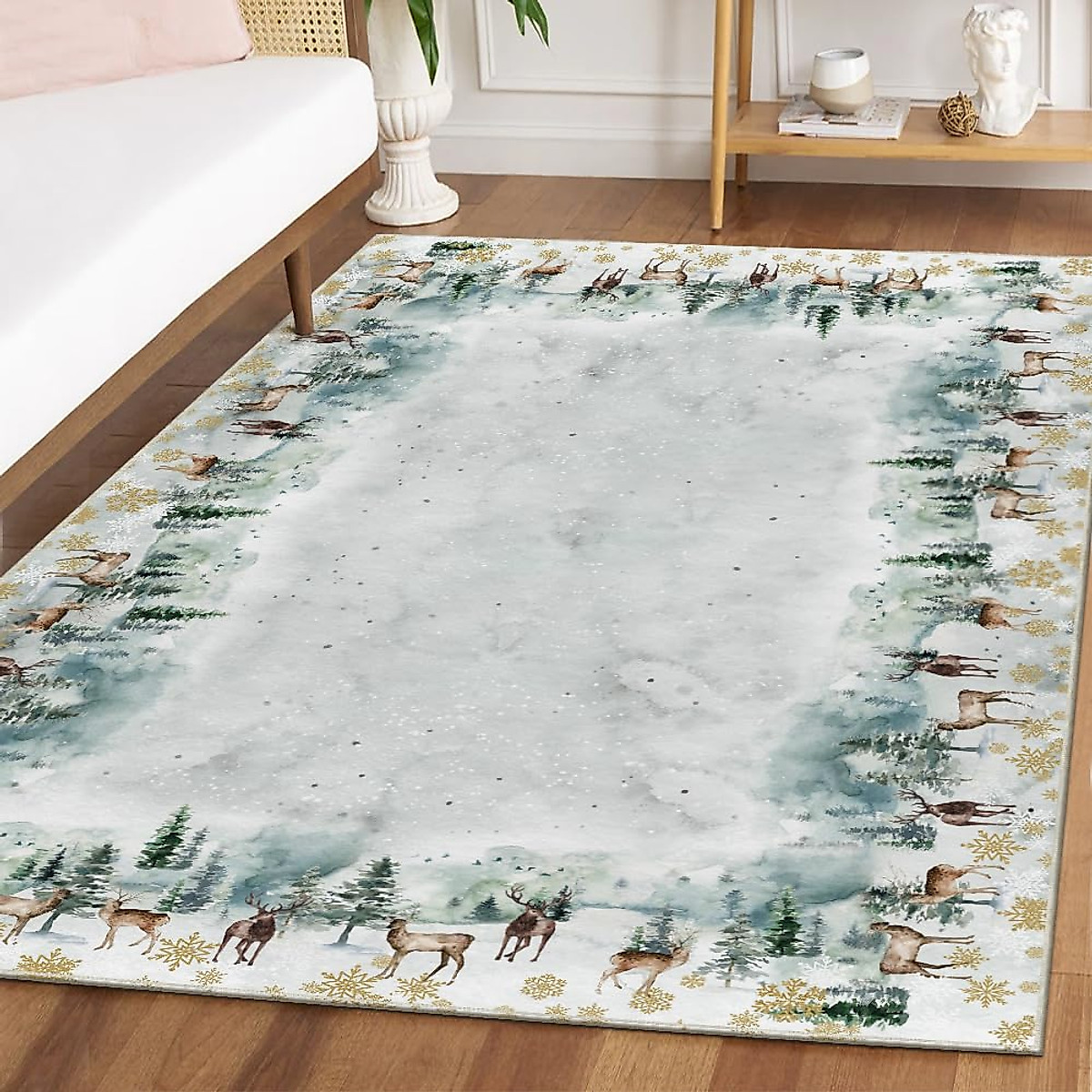 Artoid Mode Deer Snowflakes Pine Tree Christmas Area Rug, Xmas Winter Home Decor Low-Profile Washable Area Rugs for Entryway Bedroom Living Room Laundry Room Indoor 5x7 Feet