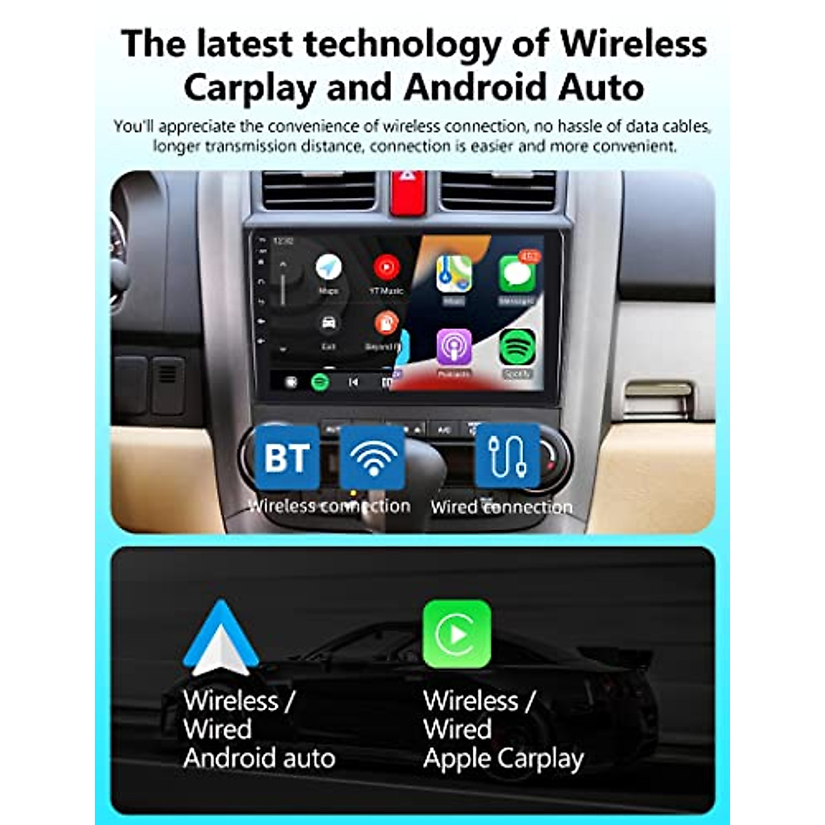 Car Stereo for Honda CRV 2007 2008 2009 2010 2011 with Wireless Apple Carplay, 9 Inch Touch Screen Android Car Radio with Backup Camera and External Microphone Support GPS Navigation, Mirror Link