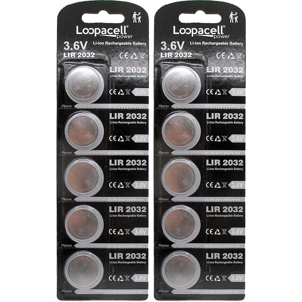 My Battery Supplier 10 Loopacell LIR2032 Lithium Rechargeable 3.6V Coin Cell Batteries