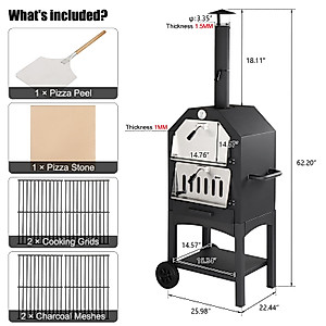 Outdoor Wood Fired Pizza Oven, Pizza Maker With Stone, Peel, Rack, Temperature Control, Built-in Thermometer, Portable on Wheels for Camping, Picnic Black