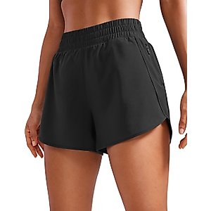 CRZ YOGA Women's High Waisted Running Shorts Mesh Liner - 3'' Dolphin Quick Dry Athletic Gym Track Workout Shorts Zip Pocket Black Medium