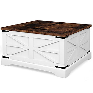 oneinmil Modern Farmhouse Coffee Table, Square Wood Center Table with Large Storage Space, Metal Corners, Z Shape, White