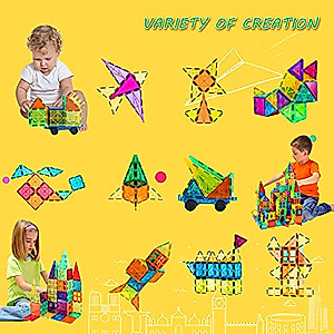 Bmag Magnetic Tiles, 100PCS Magnet Building Blocks for Kids , Stacking Building Set for Boys Girls, STEM Preschool Educational Learning Construction Toy with 2 Cars