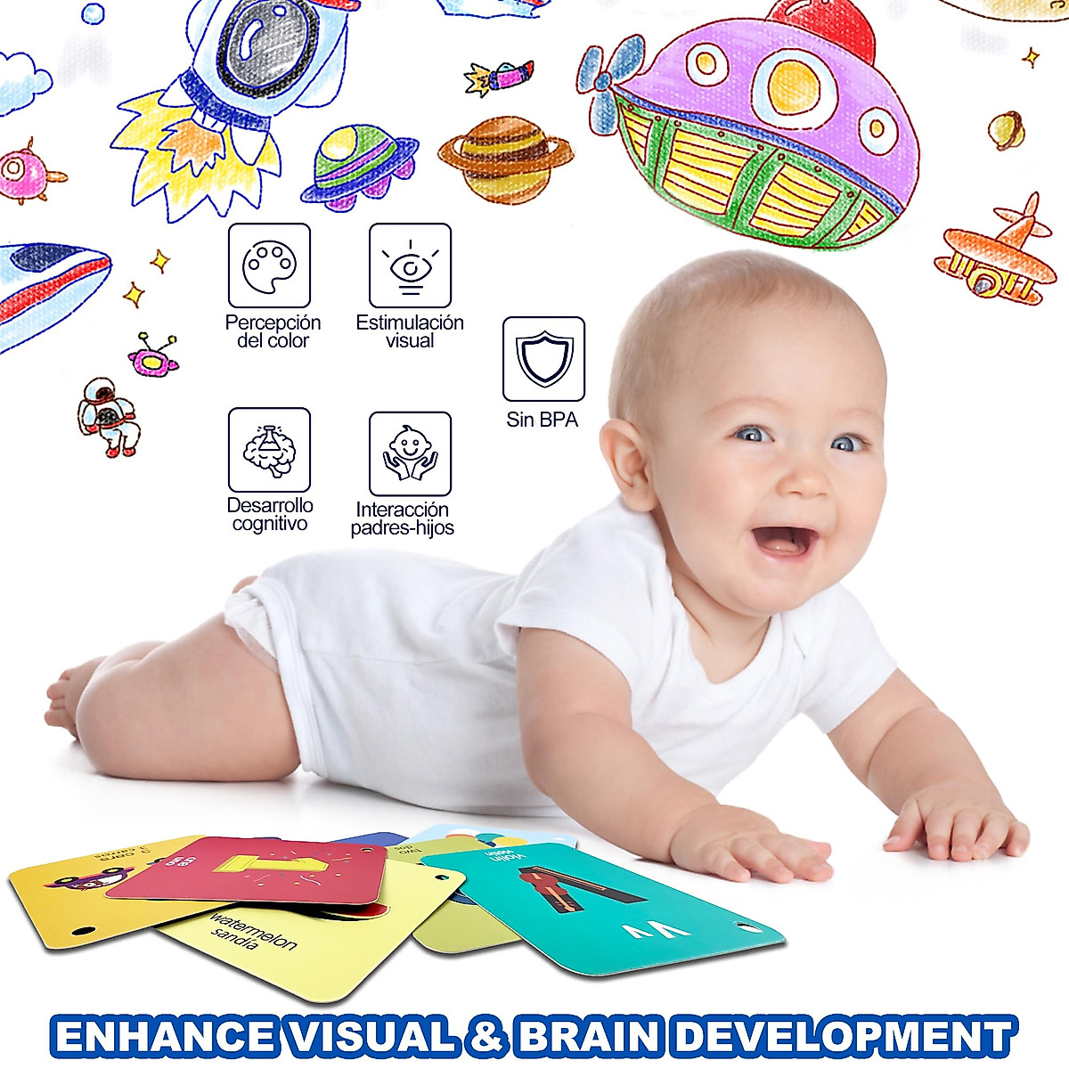 JONZOO Bilingual Baby Flash Cards, 100 Pages Toddler Flashcards with Rings & Holes, Educational Toy for Kids Baby Toddlers Over 6 Months Learn ABCs/Language/Numbers/Animals/Fruits(Visual Cards)