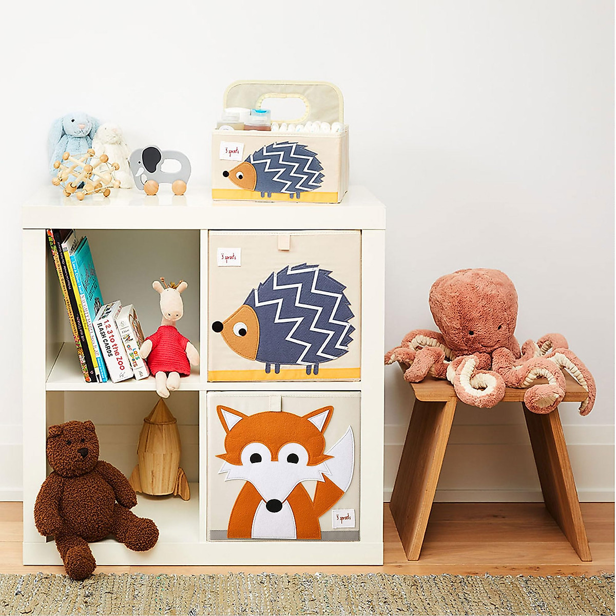 3 Sprouts Kids Childrens Collapsible Fabric 13 x 13 x 13 Inch Storage Cube Bin Box for Cubby Shelves, Orange Fox & Hedgehog (2 Pack)