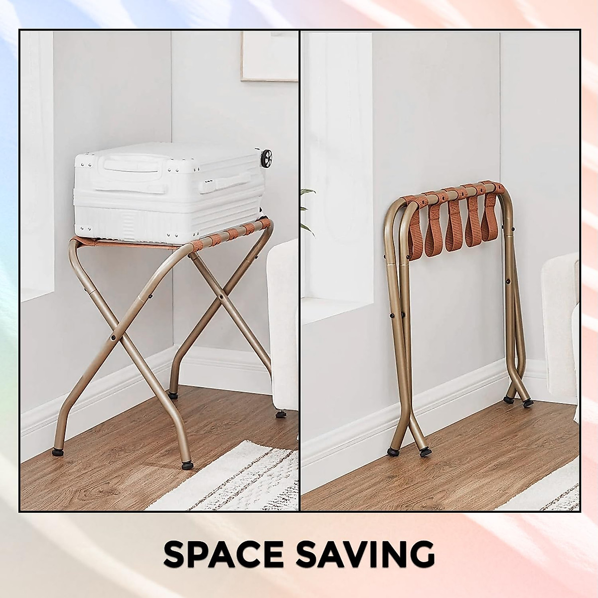 Kings Brand Furniture Anderson Folding Luggage Rack - Suitcase Stand With Storage Shelf - Folding Luggage Rack for Guest Room and Bedroom - Sturdy Portable and Stylish Metal Suitcase Stand - Gold