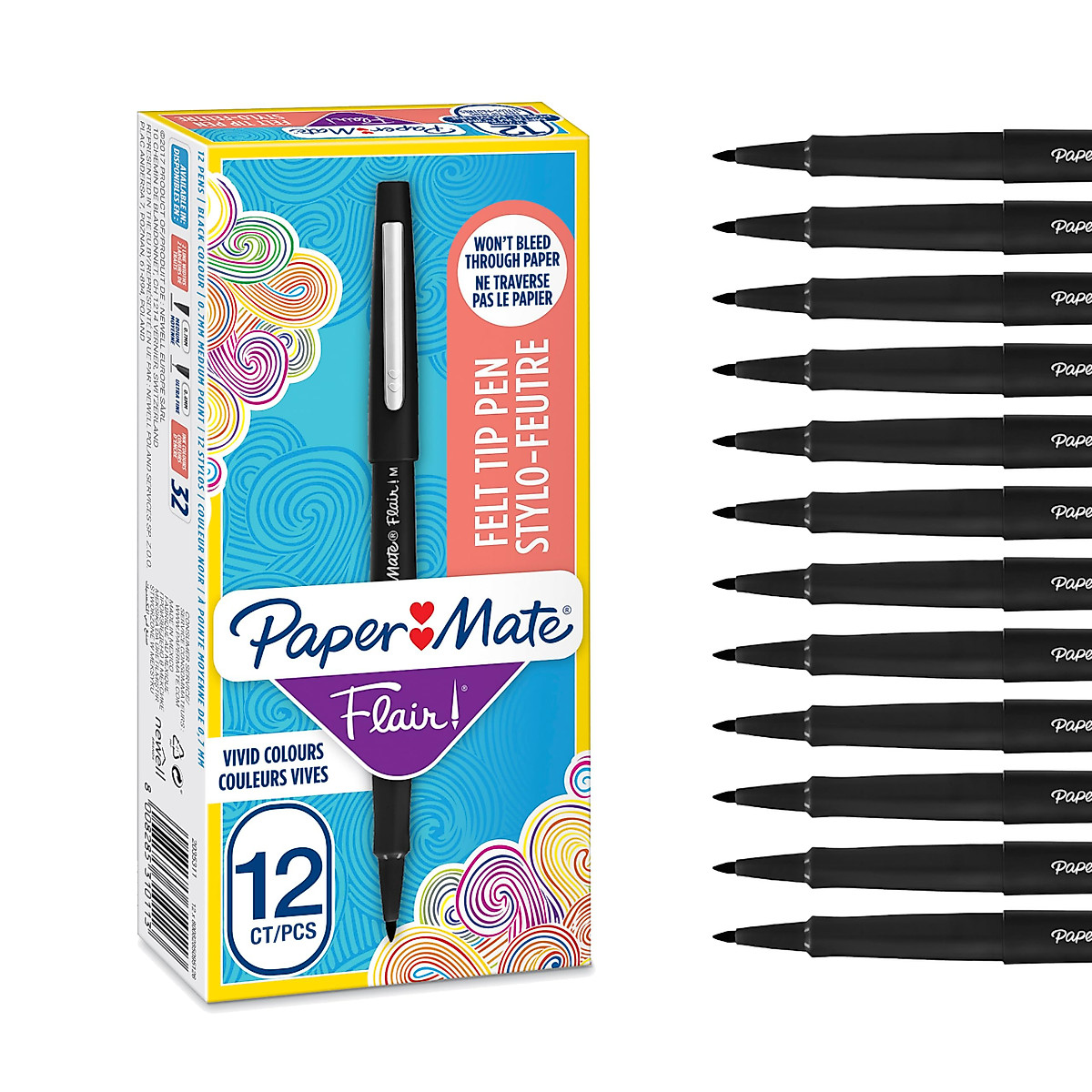 Paper Mate Flair Pen, 0.7 mm Medium Tip, Black, Box of 12