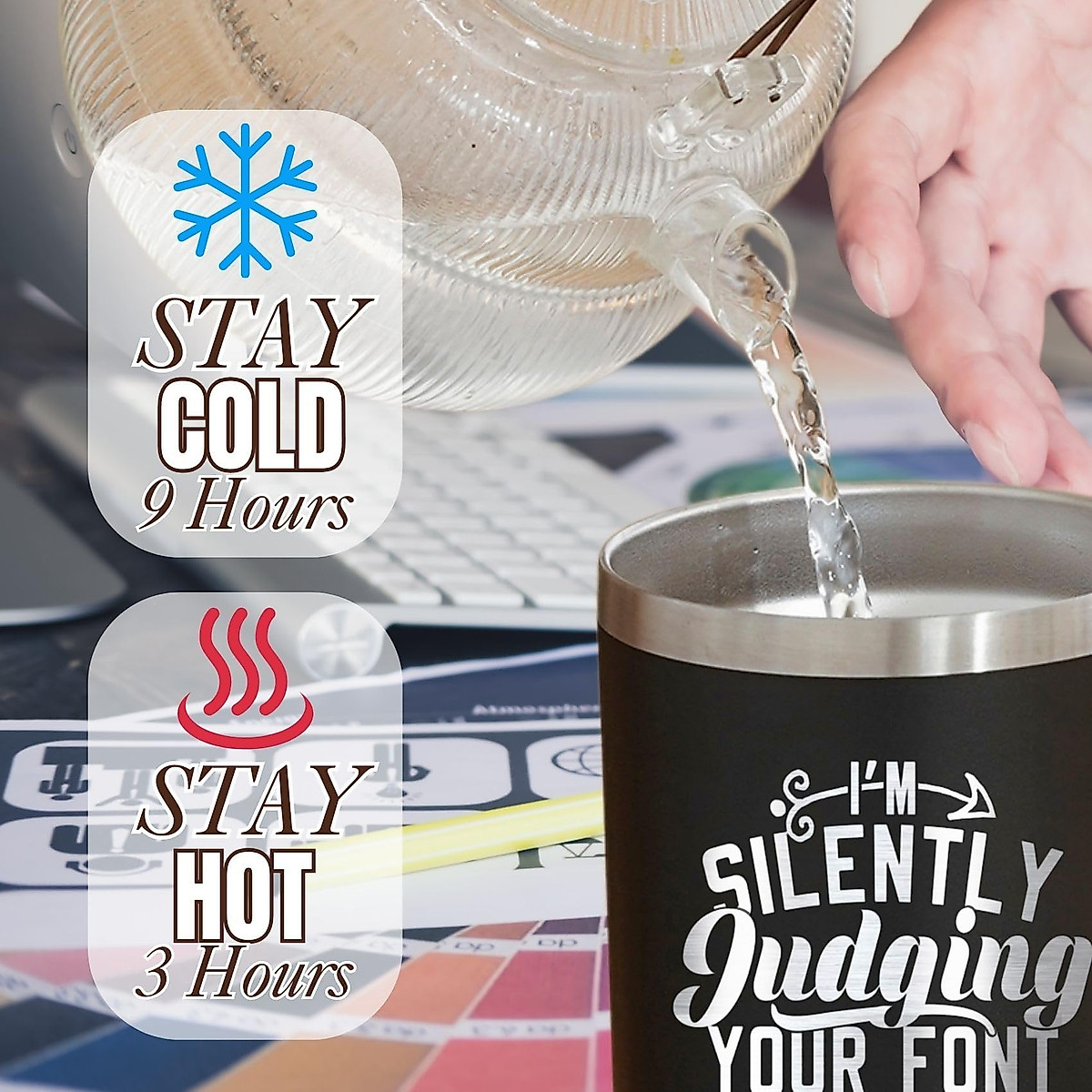 Onebttl Graphic Designer Gifts, Coworkers - I'm Silently Judging Your Font Choice - Birthday Gifts for Graphic Designer, Men, Women, Stainless Steel Tumbler 20oz Black