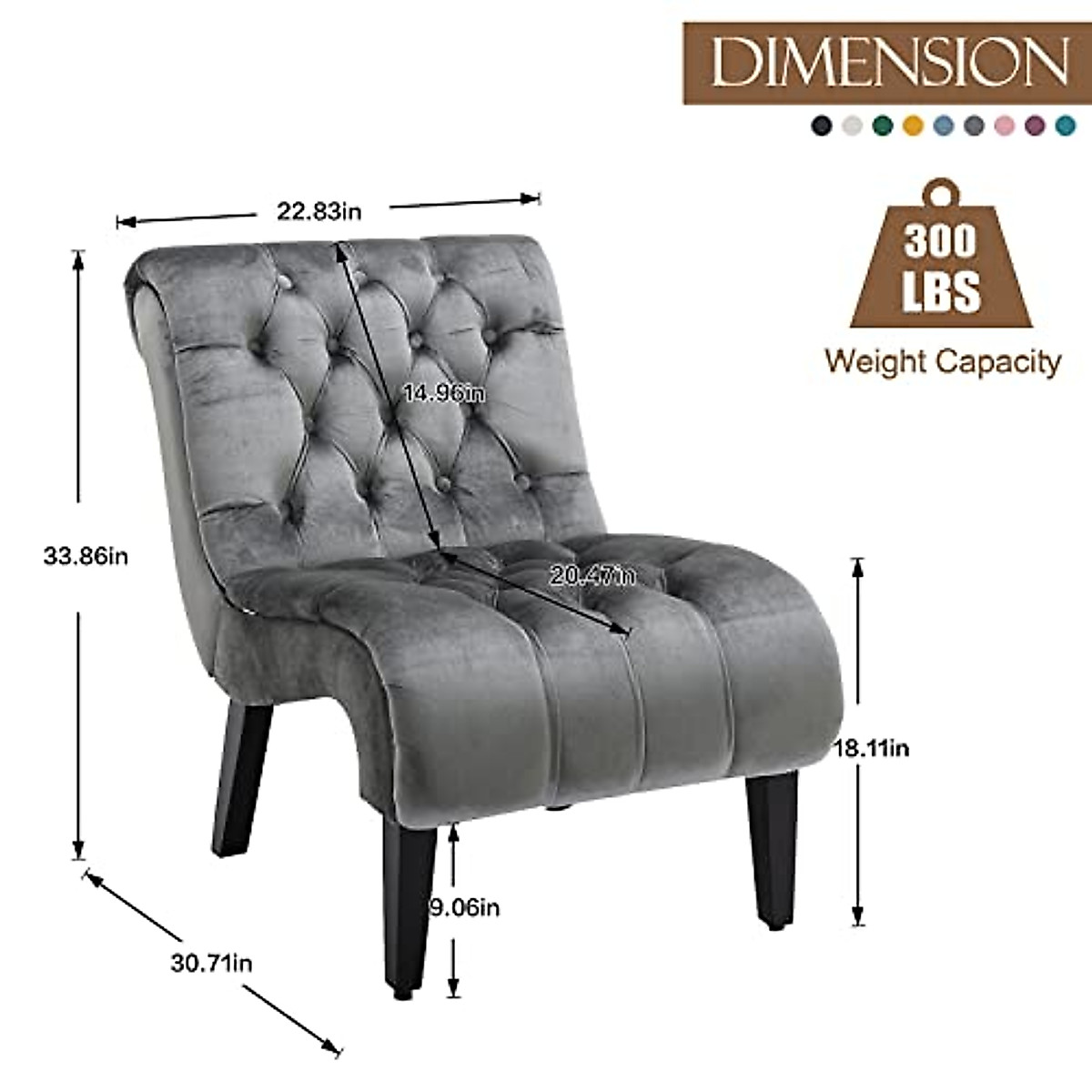 Velvet Accent Lounge Chair for Living Room, Modern Leisure Chair with Tufted Backrest, Indoor Armless Side Chair, Upholstered Bedroom Sleeper Chair with Solid Wood Legs, Grey