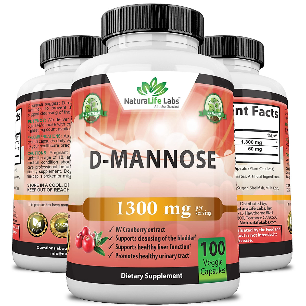 D-Mannose 1,300 mg with Cranberry Extract Fast-Acting, Flush Impurities, Natural Urinary Tract Health- 100 Veggie Capsules