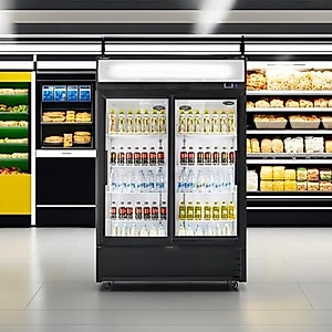 FRICOOL Merchandiser Refrigerator 2 Sliding Doors, 31 cu ft Beverage Display Cooler, Commercial Upright Fridge with LED Lighting, Adjustable Shelves for Displaying Beverages and Drinks, Black