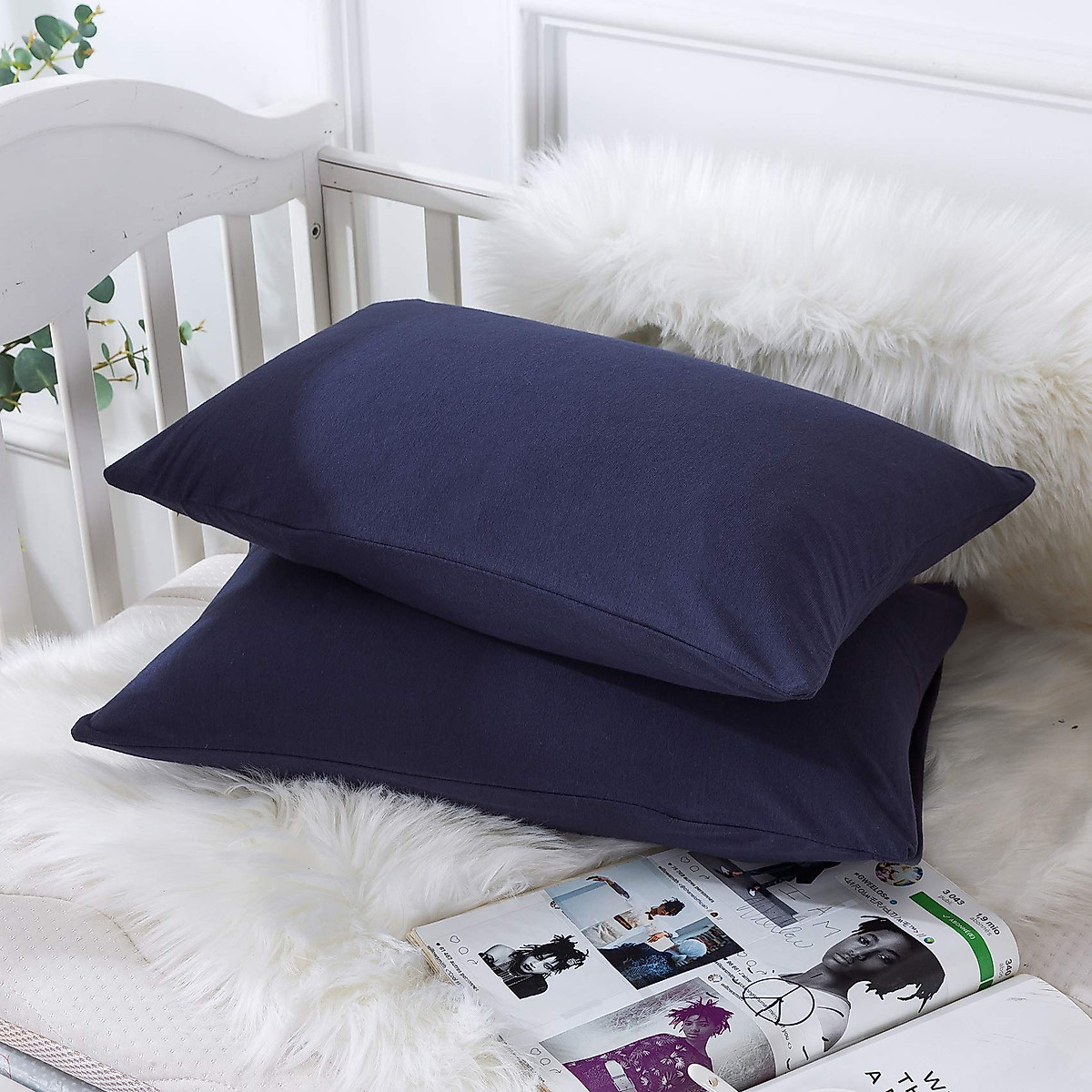 Household Cotton Jersey Knit Toddler Pillowcases, Soft and Breathable Travel Pillow Cases with Envelope Closure, for Boys and Girls, 13" x 18" 2 Pack (Navy Blue)