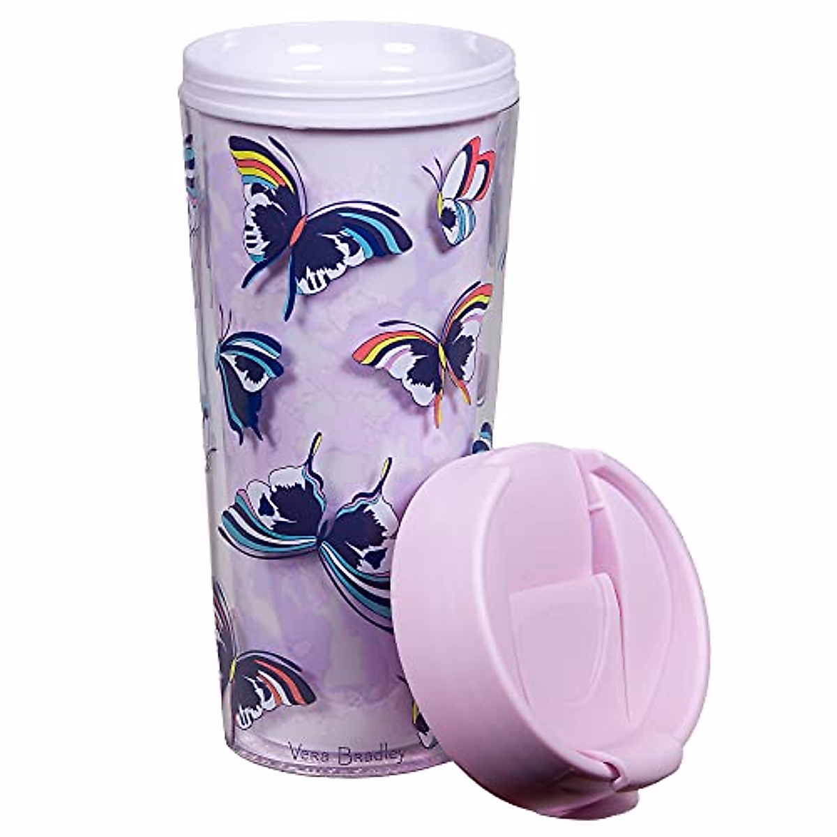 Vera Bradley Purple Thermal Travel Mug, Double Wall Insulated Cup, 16 Ounce BPA-Free Tumbler with Lid, Lavender Butterflies