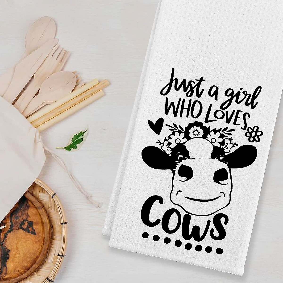 Just a Girl Who Loves Cows Kitchen Towels & Tea Towels, Dish Cloth Flour Sack Hand Towel for Farmhouse Kitchen Decor,24 X 16 Inches Cotton Modern Dish Towels Dishcloths Set of 2,Cow Lovers Girls Gift