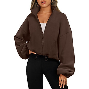 AUTOMET Womens Fleece Jackets Zip Up Oversized Sweatshirts Winter Clothes Long Sleeve Crop Sherpa Fall Outfits Fashion Brown S