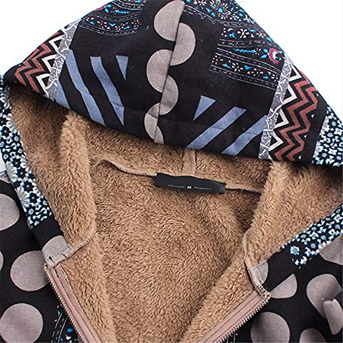 Andongnywell Womens Jackets Parka Boho Ethnic Print Vintage Fleece Lined Exotic Hooded Long Warm Padded Coats Plus Size (Black,Medium)